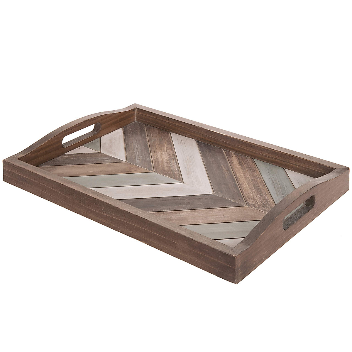 MyGift 16 Inch Rustic Brown Wood Serving Tray with Handles and Multicolored Chevron Design, Ottoman Decorative Tray