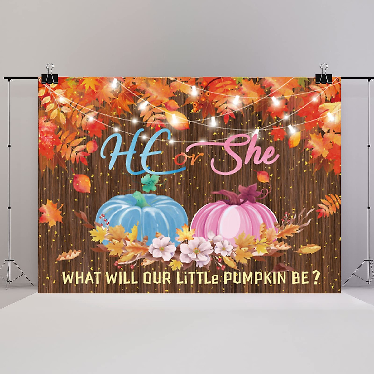 Moukeren 7 x 5 ft Fall Pumpkin Gender Reveal Backdrop He or She What Will Our Little Pumpkin Be Photography Background Party Supplies Thanksgiving Baby Shower Decoration Banner Photo Booth Props