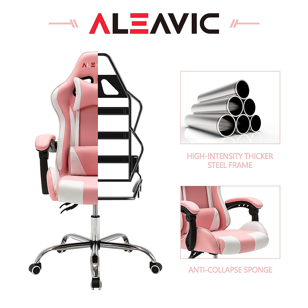 ALEAVIC Gaming Chair for Adults, High Back Ergonomic Computer Gaming Chair with Headrest and Lumbar Support, Pink White