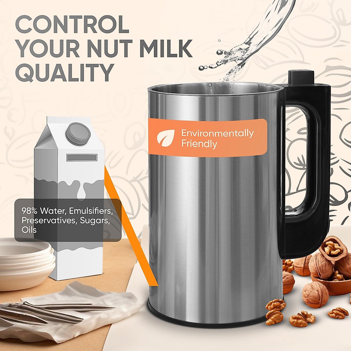 Automatic Nut Milk Maker 50Oz - No Spills, No Fuss, No Straining. Stainless Steel powerful Almond milk maker machine, Oat Milk Maker, Soymilk Machine Maker. Multifunctional