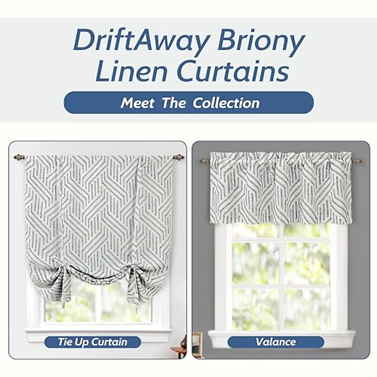 DriftAway Farmhouse Linen Lined Valance Double Layer Thermal Insulated Room Darkening Blackout Valances 3.5 Inch Rod Pocket Striped Tie Up Valance Single 45 Inch by 63 Inch Briony Navy