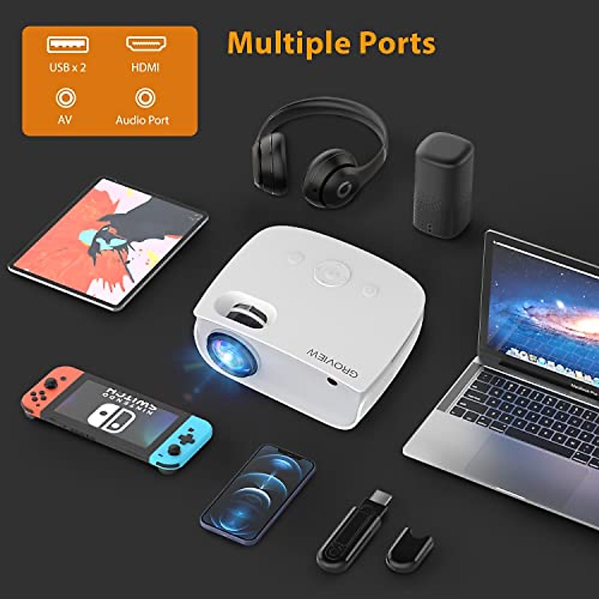 Mini Projector with WiFi - 100" Screen Included, 7500LUX Brightness, Full HD 1080P Resolution Supported and Compatibility with Roku Stick, Android, and iPhone