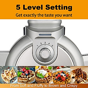 Tesslux Belgian Waffle Maker, Vertical Design with Non-stick Plate, 5 Browning Settings, with Precision-Pour Cup, 800W, Sliver