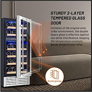 BODEGA 15 Inch Wine Cooler Under Counter, 28 Bottle Dual Zone Wine Fridge, with Double-Layer Glass Door, Temperature Memory and Digital Temperature Control, Built-in or Freestanding