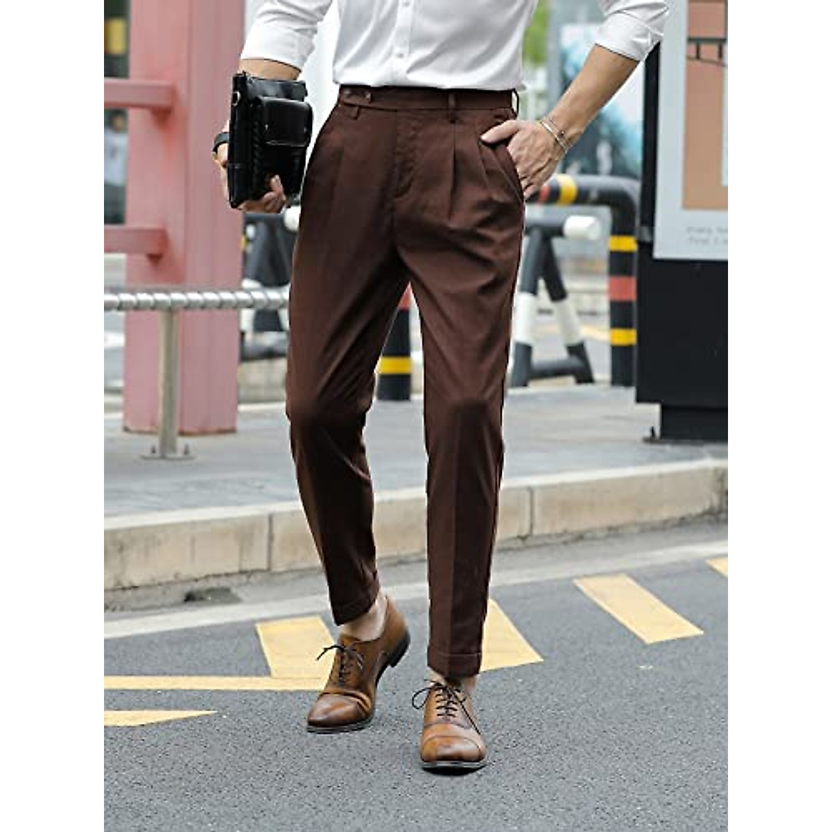 SweatyRocks Men's High Waist Fold Pleated Crop Suit Pants Work Office Business Long Trousers with Pockets Coffee Brown M
