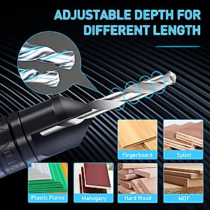 Countersink Drill Bit Set 5 pc,3in1 Woodworking Counterbore Hole Drill Bits,Tapered Countersink Bit,Depth Adjustable M2 Pilot Drill Bits, 82-Degree Chamfer, 1/4”Hex Shank