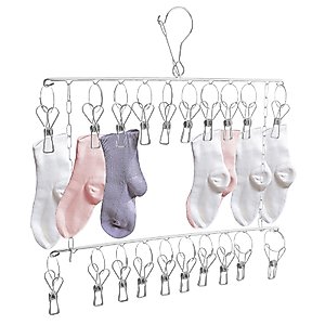Zenquark Stainless Steel Sock Drying Rack, 2 Layers Swivel Hook Wind-Proof Sock Hanger Rack, Air Drying Rack with 20 Clips for Socks Underwear Knickers Shoe Insoles Baby Clothes Gloves