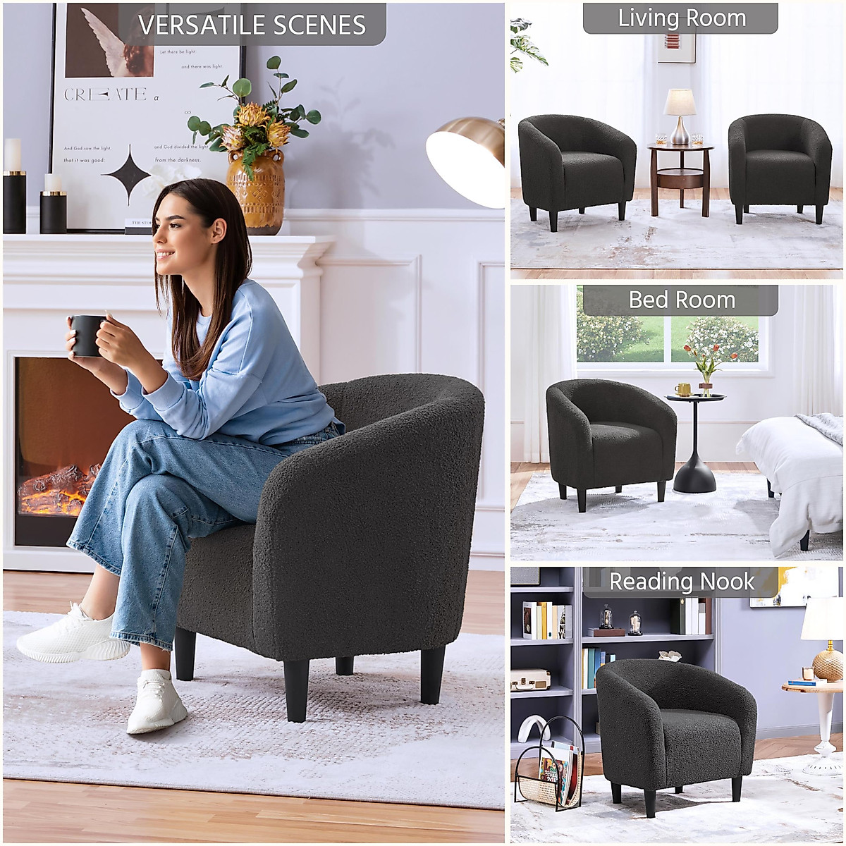 Yaheetech Accent Chairs Set of 2, Furry Living Room Chairs, Sherpa Barrel Chairs with Cozy Soft Padded, Boucle Fabric Armchais for Living Room Bedroom Reception Room Office, Dark Gray