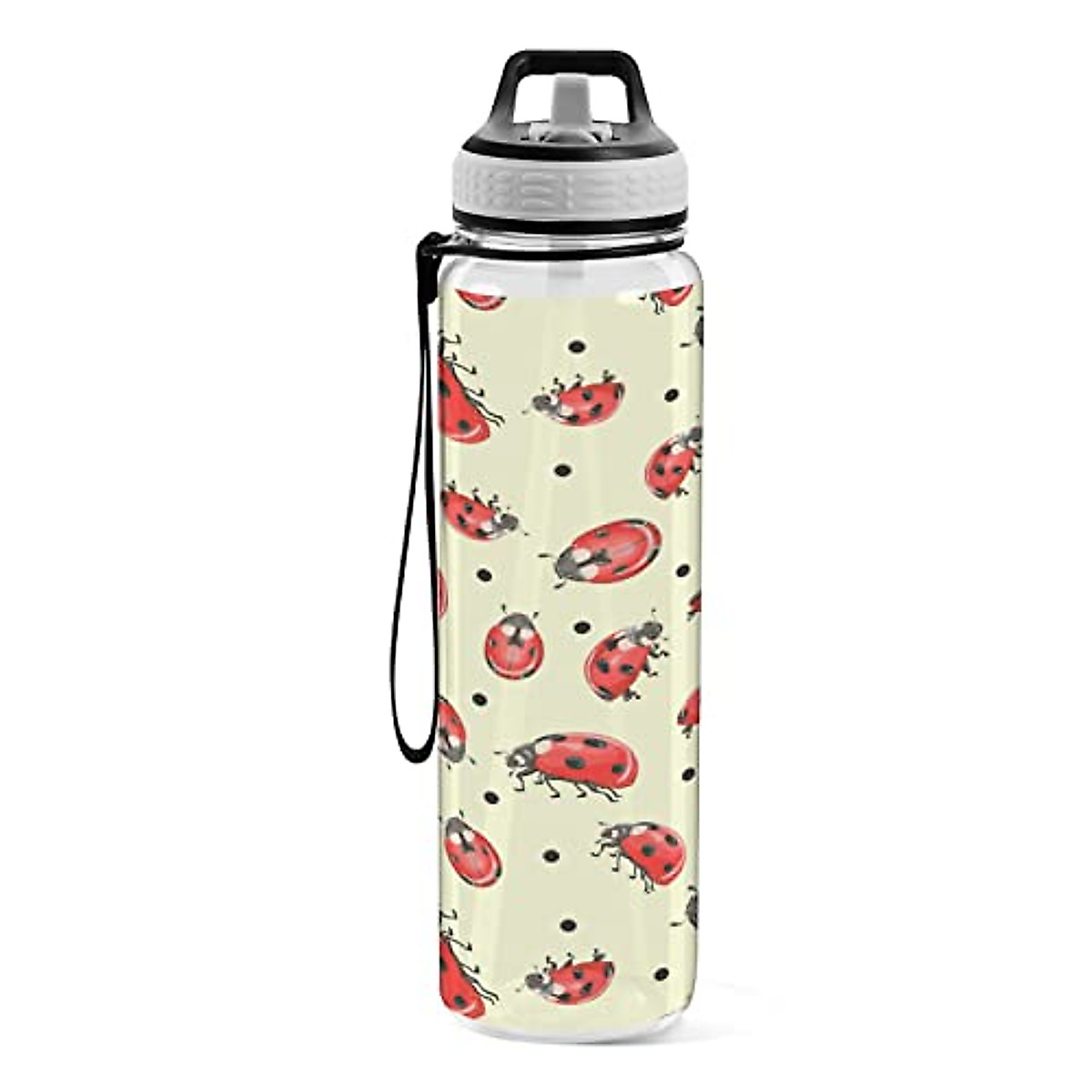 Wusikd Ladybug Water Bottle Tritan BPA-Free Drink and Straw Leakproof Motivational Yellow Drinking Water Bottles with Carrying Strap for Office, Gym, Outdoor Sports