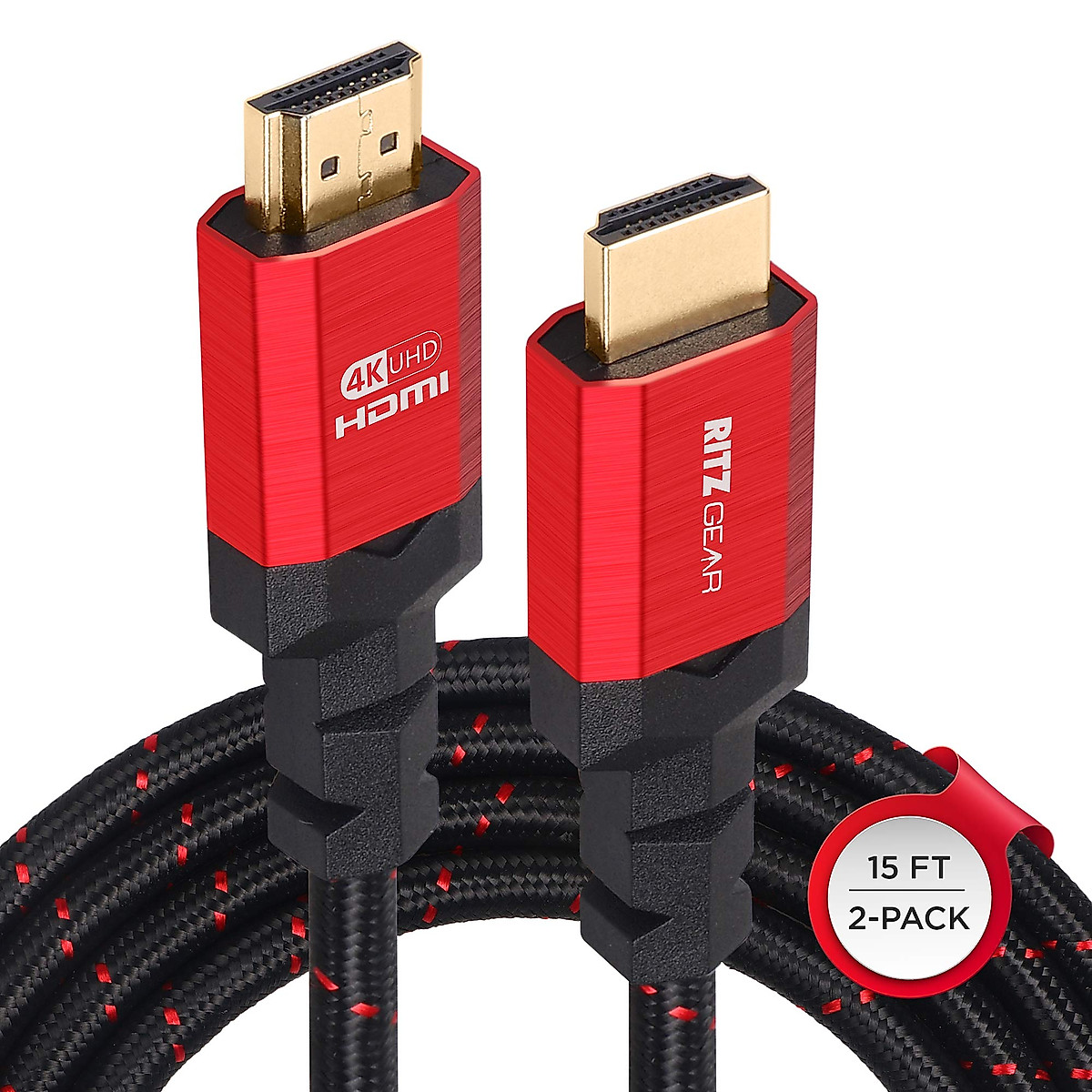 Ritz Gear 4K HDMI 2.0 Cable 15 ft. [2 Pack] 18 Gbps Ultra High Speed Braided Nylon Cord & Gold Connectors - 4K@60Hz/UHD/3D/2160p/1080p/ARC & Ethernet. Compatible with UHD TV/Monitor/PC/PS5/Xbox