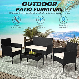 MGHH Patio Furniture Set 4 Pieces Outdoor Furniture Wicker Patio Conversation Sets Rattan Chairs with Soft Cushion and Glass Table for Pool Backyard Garden Balcony Porch Small Space,Black and Khaki