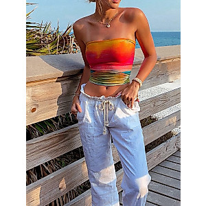 NZNDSHD Women Y2K Tube Tops Summer Backless Slim Bandeau Crop Tops Vintage Aesthetic Print Strapless Shirts Streetwear (A Orange, L)