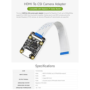 Waveshare HDMI to CSI Adapter, Compatible with Raspberry Pi 4B/3B+/3B/Pi Zero/Zero, Support 1080p@30fps Support from HDMI Input Backward Compatible