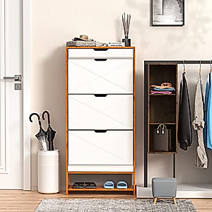 NewCosmos Shoe Cabinet with 3 Flip Drawers Wooden Shoe Cabinet Organizer with Adjustable Shelves Freestanding Shoe Rack Storage Cabinet for Entrance Hallway Living Room Bedroom
