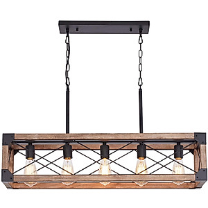 Bribyit Farmhouse Kitchen Island Lighting, 5-Light Dining Room Light Fixture, Farmhouse Linear Chandelier with Solid Wood for Dining Room Kitchen Bar Pool Table