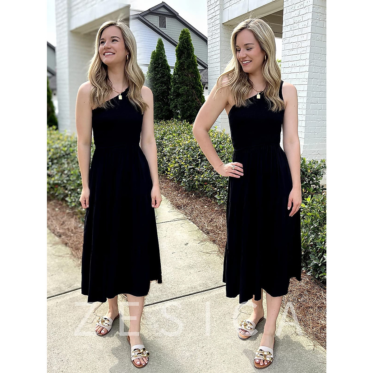 ZESICA Women's 2025 Bohemian Summer Floral Print One Shoulder Sleeveless Smocked Ruffle Tiered Beach Long Midi Dress,Black,Medium