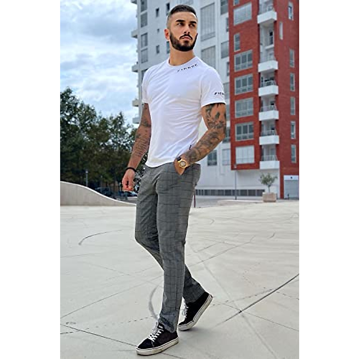 GINGTTO Mens Plaid Pants Casual Dress Pants for Men Slim Fit Stretch Slacks for Men Grey Sze 32