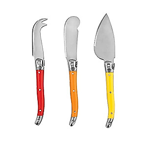 True Sunnyside Cheese Knives, Set of 3 Stainless Steel and Enamel Tools, Includes Wood Storage and Cheese Tray, Entertaining Gift Set