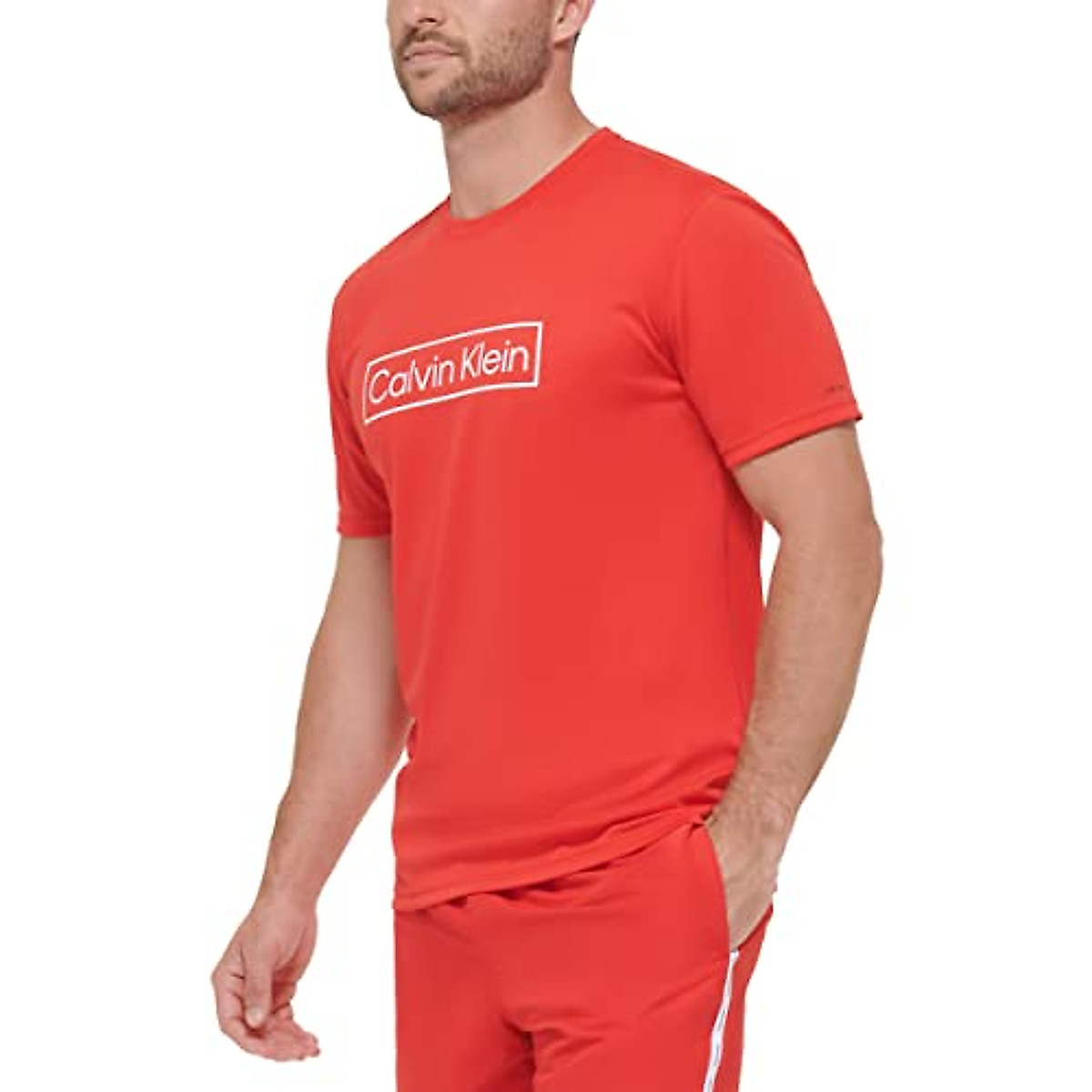 Calvin Klein Men's Standard Light Weight Quick Dry Short Sleeve 40+ UPF Protection, Red, Medium