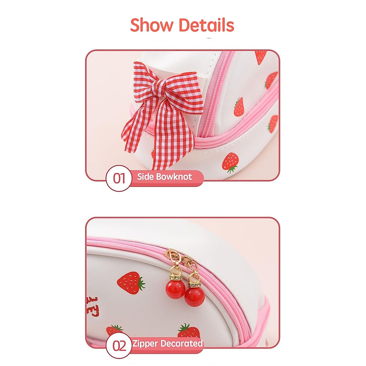 JHTPSLR Large Kawaii Pencil Pouch Cute Preppy Pencil Pouch Bowknot Strawberry Bear Love Hearts Aesthetic Pencil Case PU Waterproof Pen Bags Stationery Storage Organizer Supplies (White Strawberry)