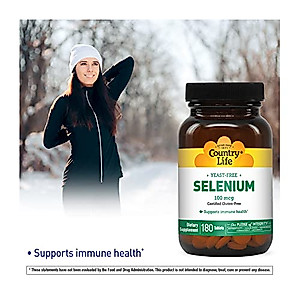 Country Life Selenium, Yeast Free, Supports Immune Health, 100mcg, 180 Tablets, Certified Gluten Free, Certified Vegan, Certified Halal