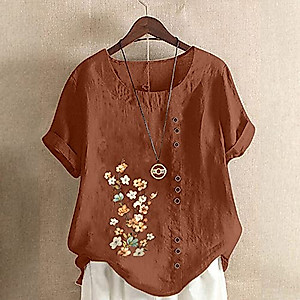 Summer Women Cotton Linen T-Shirt Casual Floral Pattern Blouses Tops Short Sleeve Crewneck Loose Tunic Comfy Soft Tees Coffee