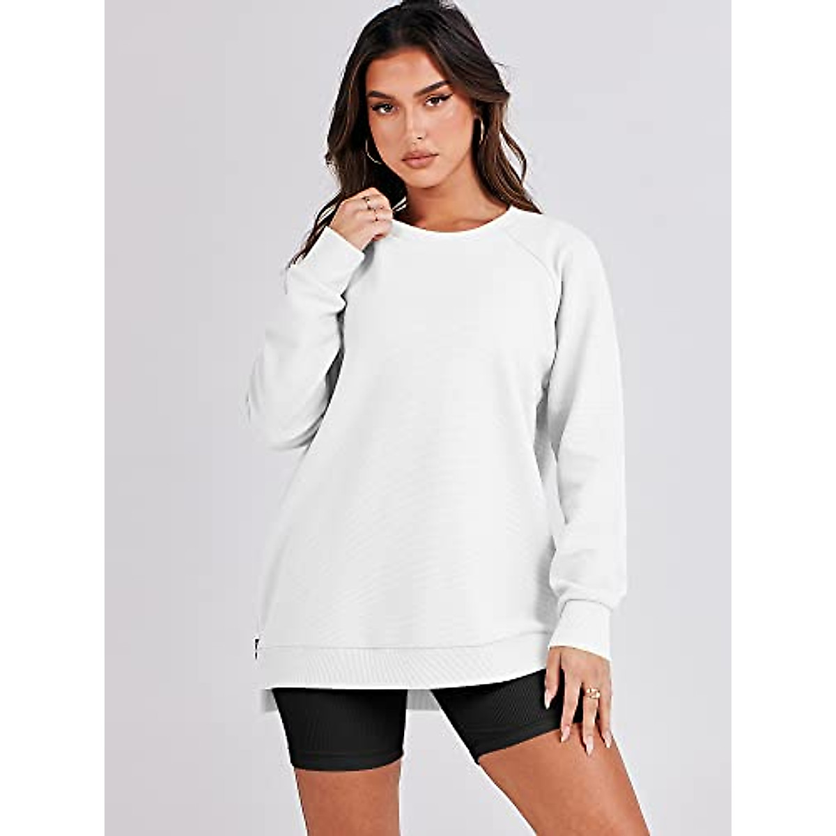 ANRABESS Women's Oversized Sweatshirts Long Sleeve Tunic Tops Crew Neck Soft Pullover With Side Zipper Shirt Trendy Clothes 2023 A1073-baise-M White