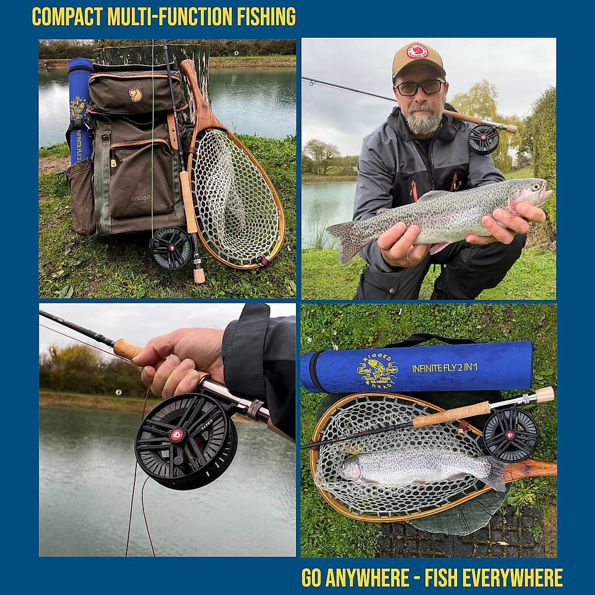 Rigged and Ready 2-in-1 Fly Fishing Travel Rod. 2 Rods. 9ft 273cm #6 7ft 213cm and #4 Fishing Rod Options 2 Handle Combination. Toray Carbon-8 Sections. Tube 18’ 45cm