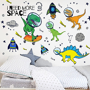 Yovkky Boys Space Dinosaurs Astronauts Wall Decal, Peel Stick Funny Dino Animal Planet Sticker Nursery Rocket Spaceship Decor, Home Baby Room Decorations Kids Bedroom Playroom Art Party Supply Gifts