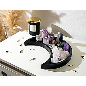 Moon Tray Crystal Holder Display - Black Wooden Crystal Tray for Stones, Healing Crystals Storage and Organizer - Crescent Gothic Witchy Coffin Spiritual Decor - Essential Oil Holder - Jewelry Dish