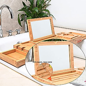 JinGarss Bamboo Bathtub Tray Caddy Bath Tub Tray Bridge Shower Shelves Organizer Tray 20-37 inch Expandable Rack Laptop Tray Caddy Bath Table with Wineglass Holder