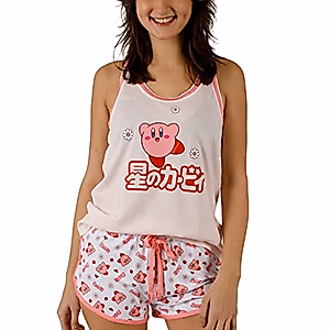 Bioworld Kirby Daisies & Kanji Logo Women's Racer Back Tank Top & Dolphin Lounge Shorts Sleepwear Set-XL Pink