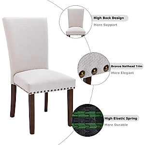 COLAMY Upholstered Fabric Dining Chairs Set of 6, High Back Padded w/Nailed Trim & Solid Wood Legs, Classic Parsons Side Chair for Home/Kitchen/Living Room-Beige