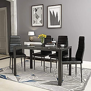 Recaceik Dining Table Set for 4,Kitchen Table and Chairs for 4,Glass Dining Table Set with 4 Upholstered PU Leather Chairs Dining Room Table Set Kitchen Tables for Small Spaces (Black)