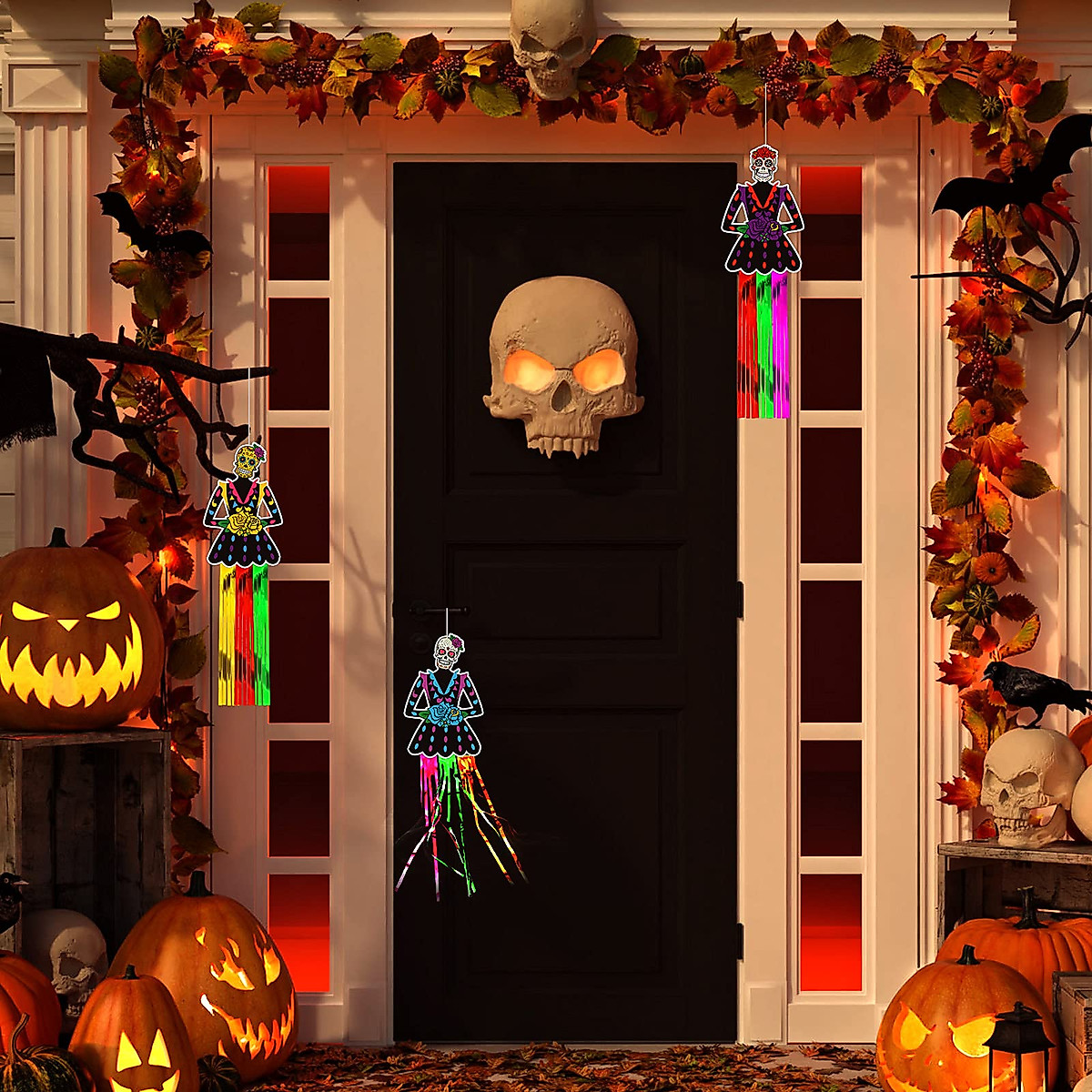 Day of the Dead Sugar Skull Hanging Decorations 3 Pieces Dia De Los Muertos Party Decorations Skeleton Sugar Skull Bride Decor with Tassels, Glue and Ropes for Halloween DIY Craft Party Supplies