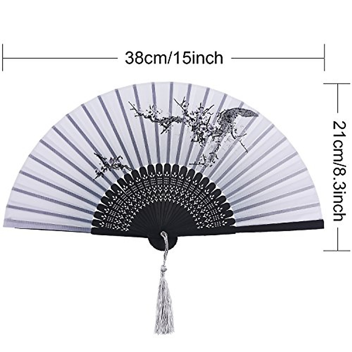 Zonon Handheld Floral Folding Fans Hand Held Fans Silk Bamboo Fans with Tassel Women's Hollowed Bamboo Hand Holding Fans for Women and Men (White, Blue, Dark Blue and Black)
