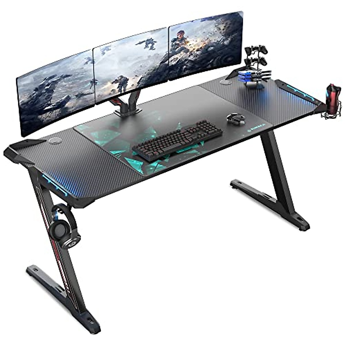 EUREKA ERGONOMIC Z60 Gaming Desk with Led Lights, 60 Inch Large RGB Gaming Computer & Height Adjustable Mouse & Keyboard Tray Under Desk, 28x10'' Large Slide Out Swivel Tilt Computer Keyboard Drawer