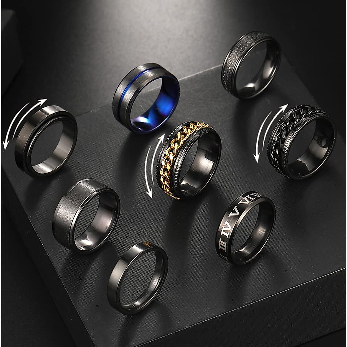 Stainless Steel Band Rings for Men, Sliver Fidget Rings for Anxiety for Women, Cool Plain Spinner Ring Set, Black Mens Wedding Band Ring Pack (10)