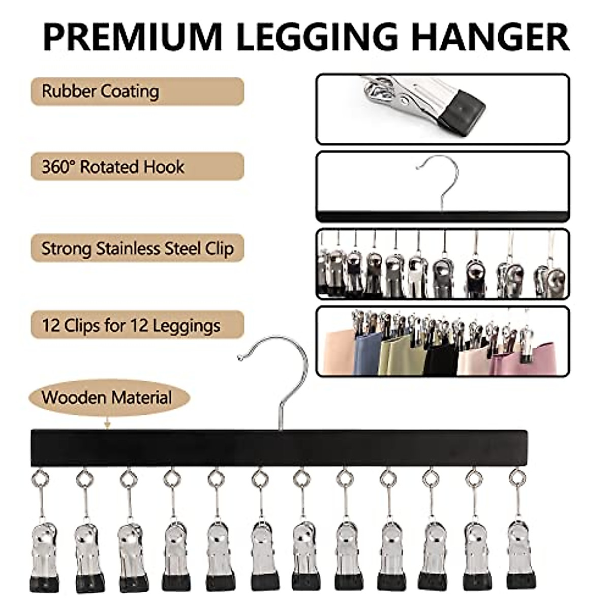 CINPIUK Legging Organizer for Closet, Wooden Hangers with Clips Holds 12 Leggings/Yoga Pants/Jeans/Skirts, Hanging Pants Hangers w/Rubber Coated Clips Space Saving Closet Organizer, Black