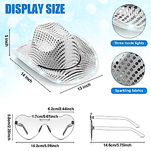 Zhanmai 6 Set LED Cowboy Hat Light Up Glitter Cowboy Hat with Sunglasses Sequin Space Cowgirl Hat for Women Men Costume Accessories (Gray)