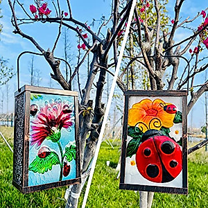 SUBOLO Hanging Solar Lantern Outdoor Garden Metal Glass Ladybug Pattern LED Light Solar Powered Waterproof Landscape Table Lamp for Patio, Yard and Pathway - 1 Pc