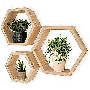 MRONextDay.com Set of 3 Wooden Wall Mounted Hexagon Floating Shelves, Hexagon Shelves Set for Kitchen, Living Room, Bedroom, Hexagon Shelves for Decorations (Honey Oak)