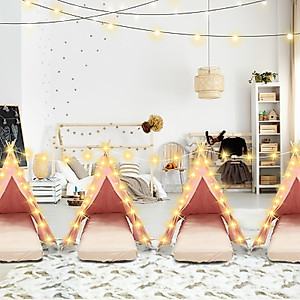 Windyun 6 Pack Kids Teepee Tent Bulk with Light String & Inflatable Airbed & Bedding Fitted Sheet, Natural Cotton Toddler Play Tent Washable Foldable Tent for Girls Boys Indoor Outdoor (Pink)