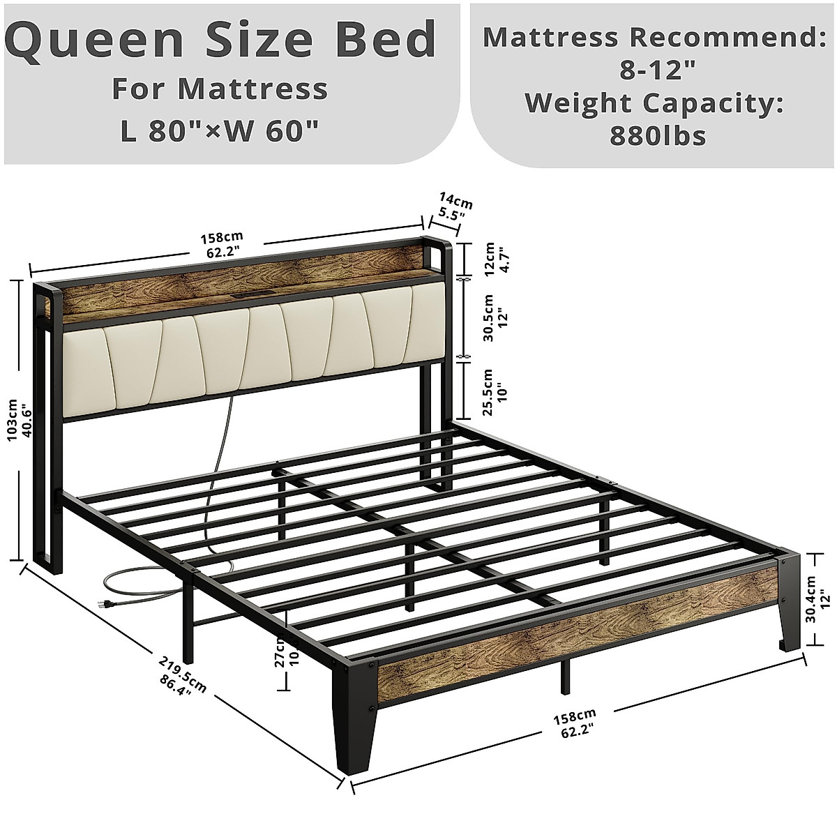 LIKIMIO Queen Bed Frame, Storage Headboard with Charging Station, Solid and Stable, Noise Free, No Box Spring Needed, Easy Assembly (Walnut and Beige)
