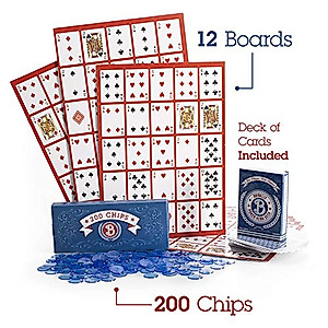 Brybelly Poker Keno Game Set with Cards and Chips - Adult Family Casino Board Game Night Gift Includes Deck of Playing Cards, 12 Boards, 200 Bingo Chips