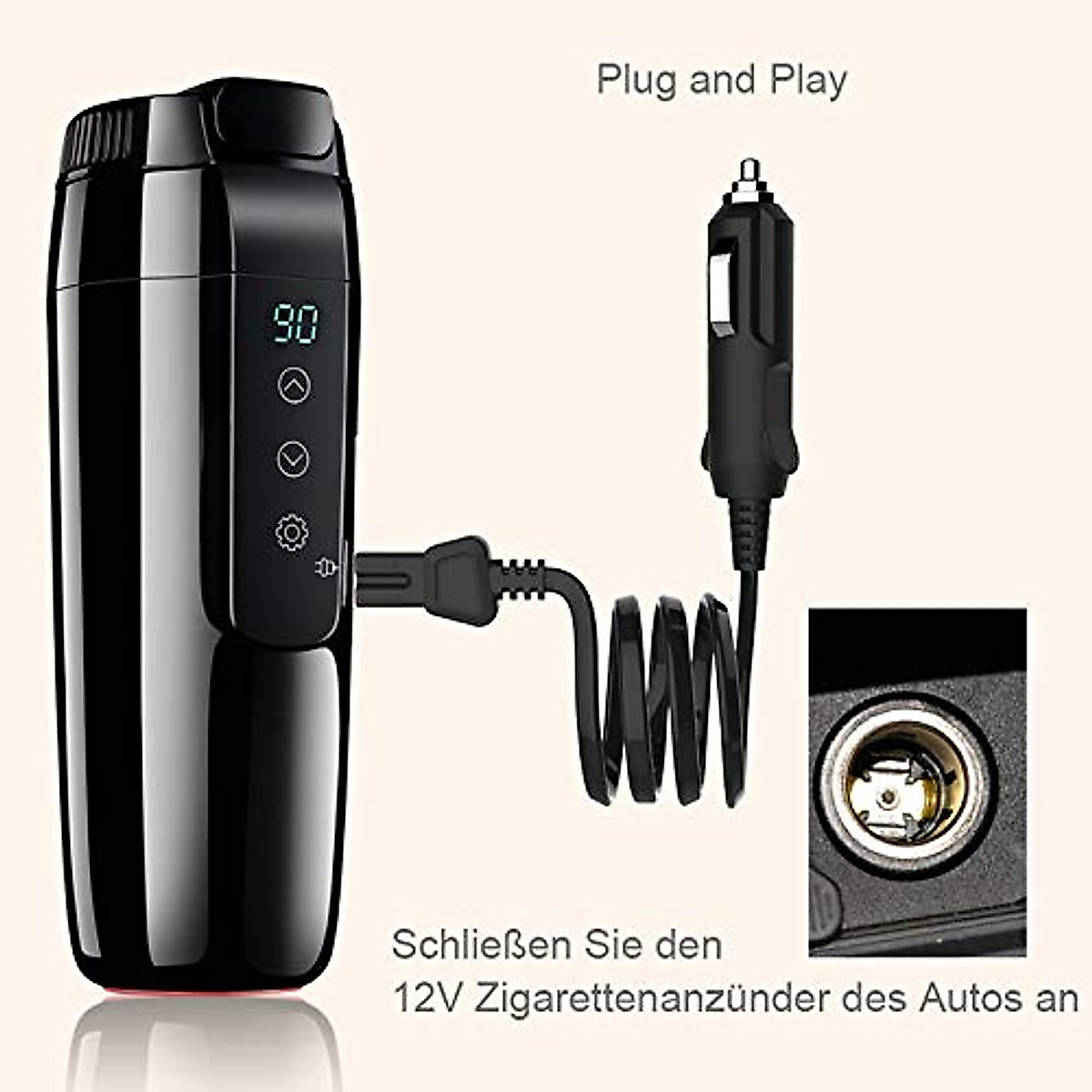 12V Car Travel Electric Kettle, Car Heating Mug with Anti-Spill Lid, Portable Coffee Travel Cup 20℃~90℃ Variable Temperature Control Kettle for Tea/Milk, 304 Stainless Steel Bottle, 70W Quick Heating