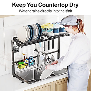 GSlife Over The Sink Dish Drying Rack - Length Adjustable (33.66~39.57") Dish Rack Over Sink Large Capacity, Rustproof Kitchen Dish Drying Rack, Above Sink Dish Rack, Black