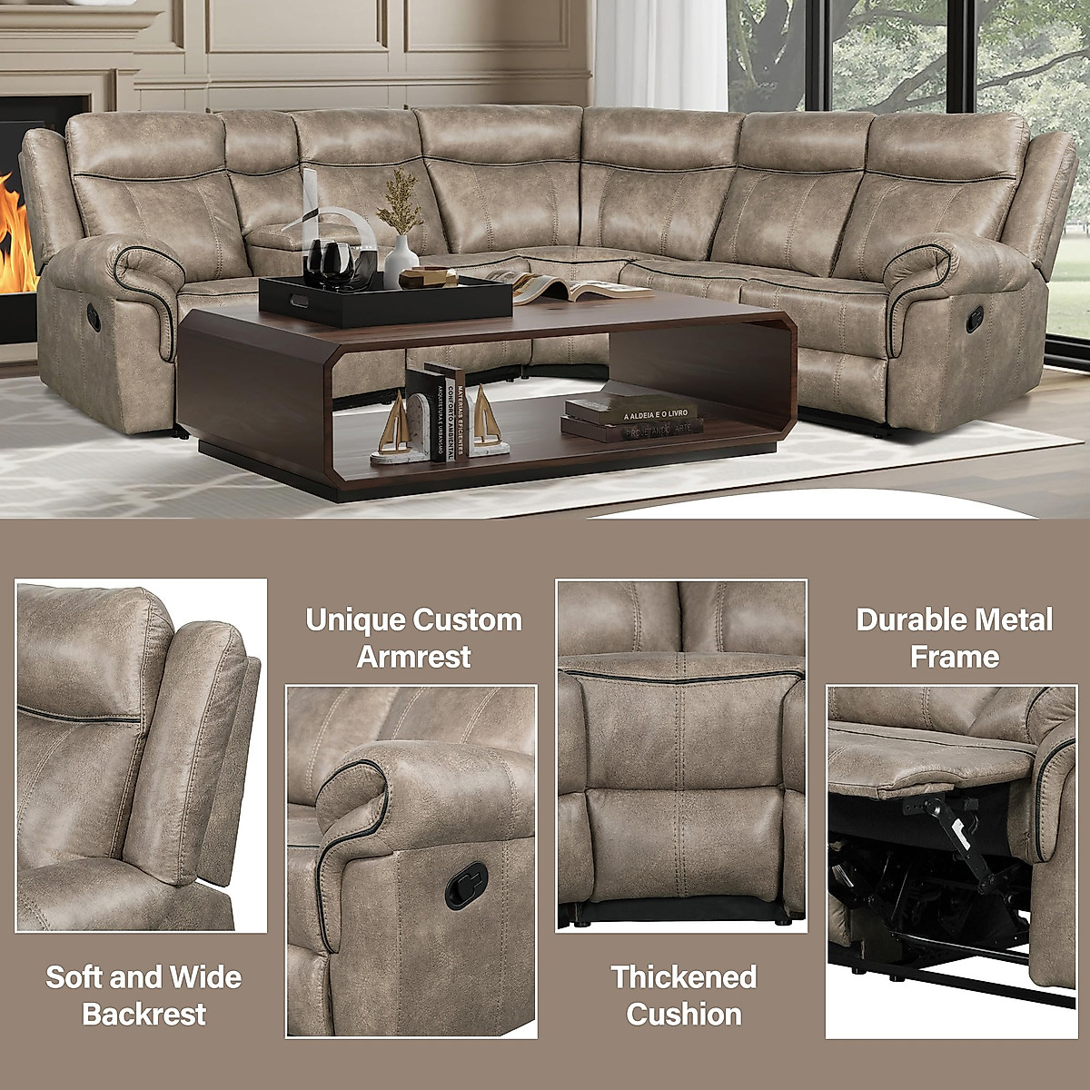 Yoglad Manual L-Shaped Reclining Sofa - Palomino Fabric Sectional Couch with 2 Cup Holders, USB Ports, Hidden Storage, 2 Power Sockets, for Living Room Apartment RV Theater (Light Brown)