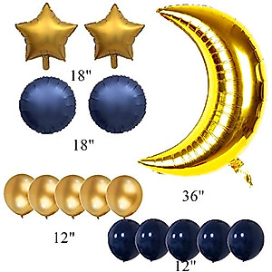 InBy 15pcs Navy Blue and Gold Moon Balloon Sky Night Moon Star Theme Balloon Party Decoration Baby Boy Girl Shower Wedding Birthday 36" Moon Foil Mylar Balloon 18" Start Balloon 12" Latex Balloon Kit
