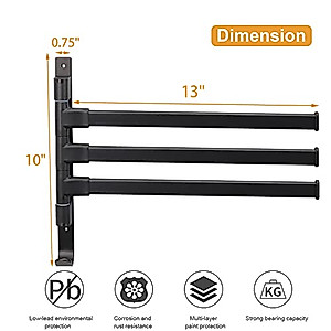 TocTen Swivel Towel Rack, Rustproof and Durable Space Saving Towel Hanger, Towel Bar Swing Out 180° Rotation, Wall Mounted/Glue Mounted Towel Rod with Hook for Bathroom, Kitchen (3-Arm, Black)